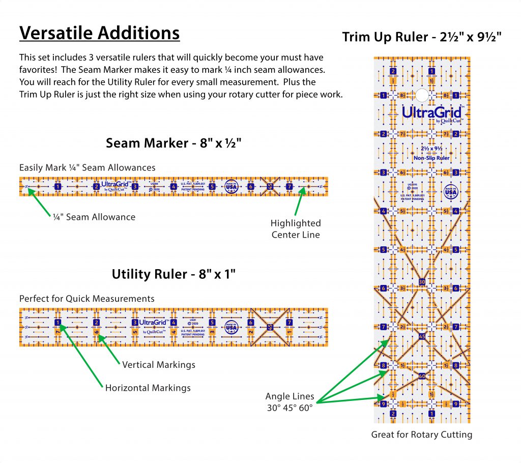 QuiltCut UltraGrid USA Made Non-Slip Quilting Ruler – 7 Piece Starter ...